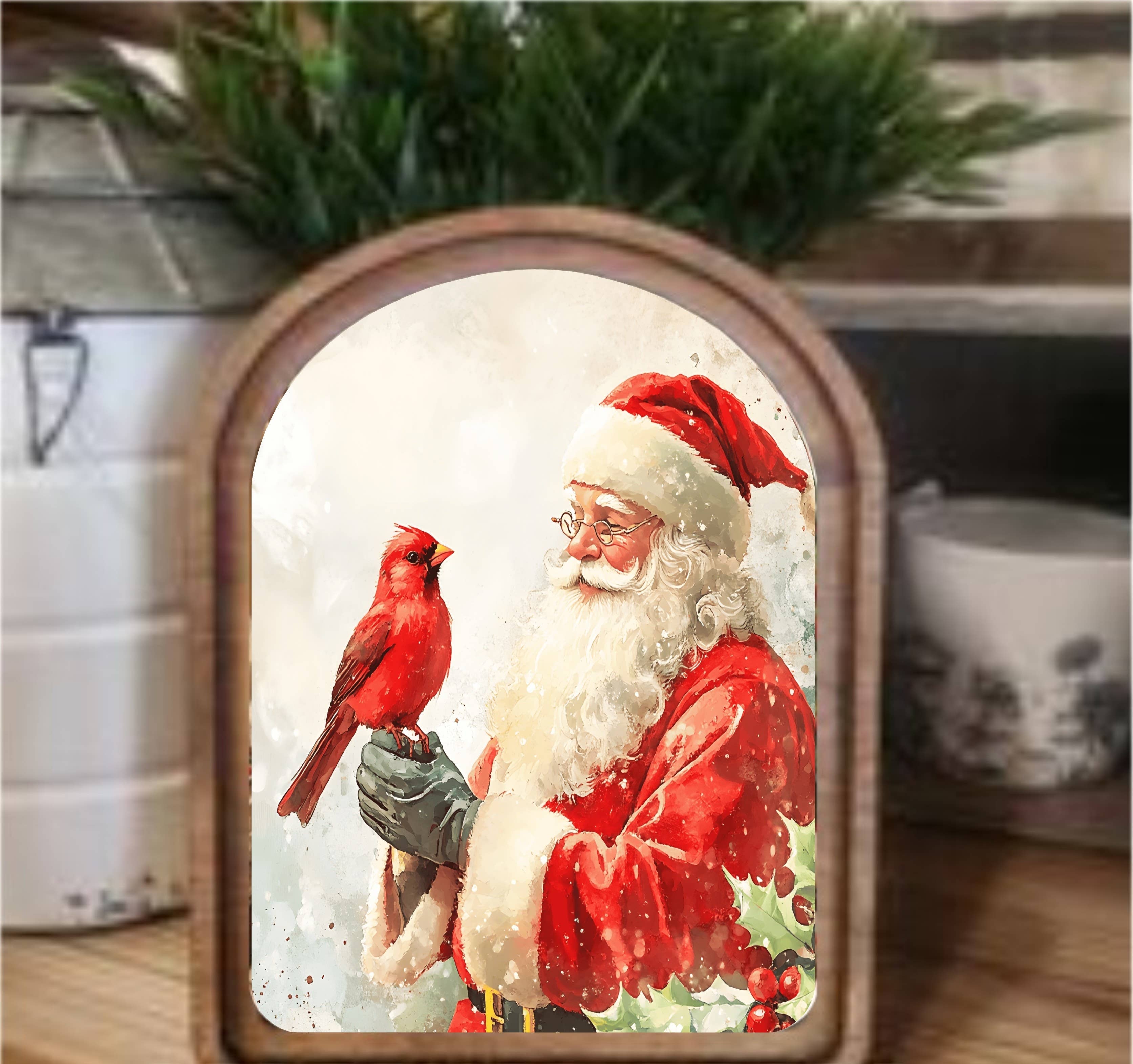Arch Top Cardinal Santa Framed Art – Little Red Barn Door