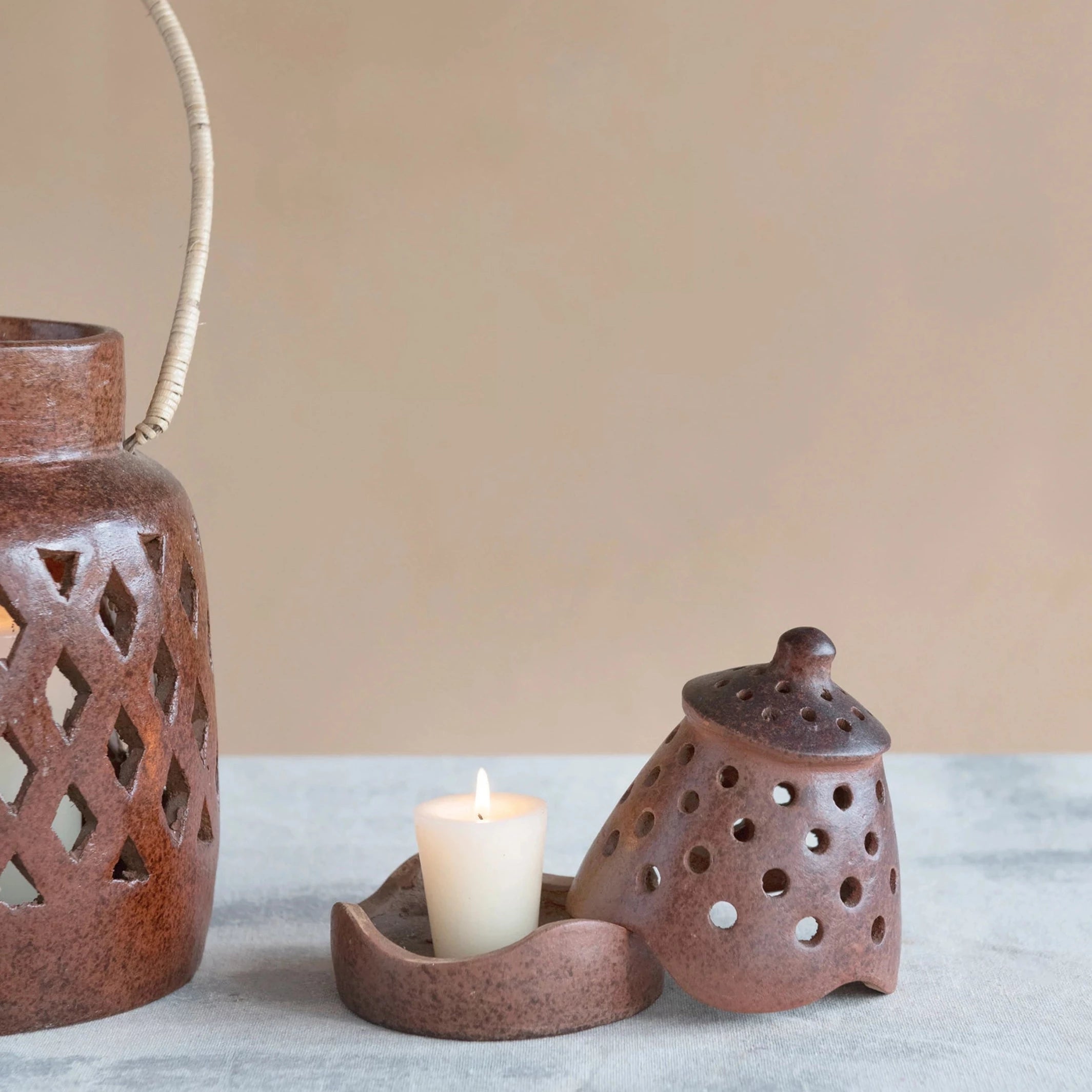 Handmade Terra-cotta Lantern with Cut-Outs and Lid – Little Red Barn Door